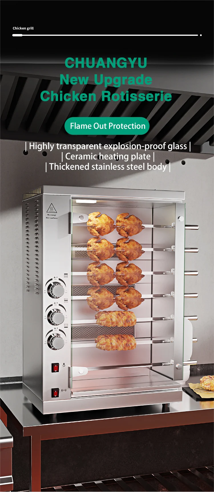 Chuangyu 7-layer High Quality Tempered Glass Gas Rotating Chicken ...