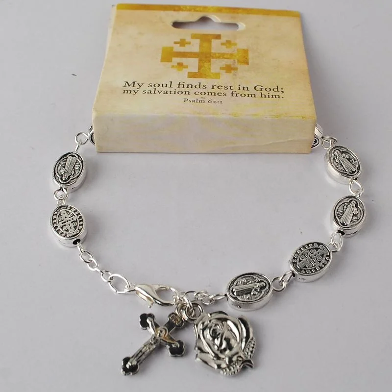 Metal Beads Bracelet Catholic Beaded Bracelet With Rhodium Plated Rose ...