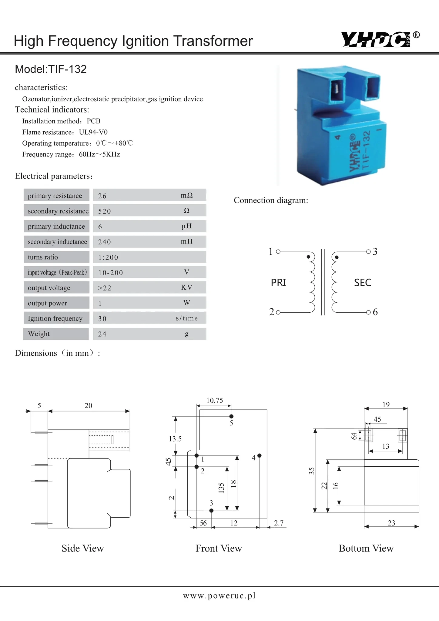 YHDC 220V High Frequency Ignition Transformer TIF-132