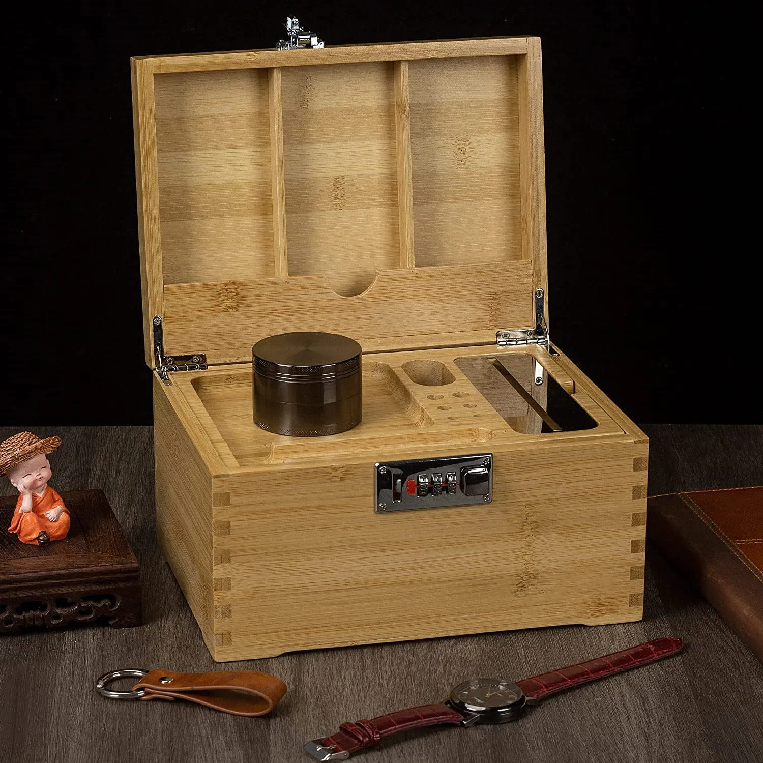 Custom Bamboo Wooden Stash Box With Rolling Tray Combination Lock - Buy ...