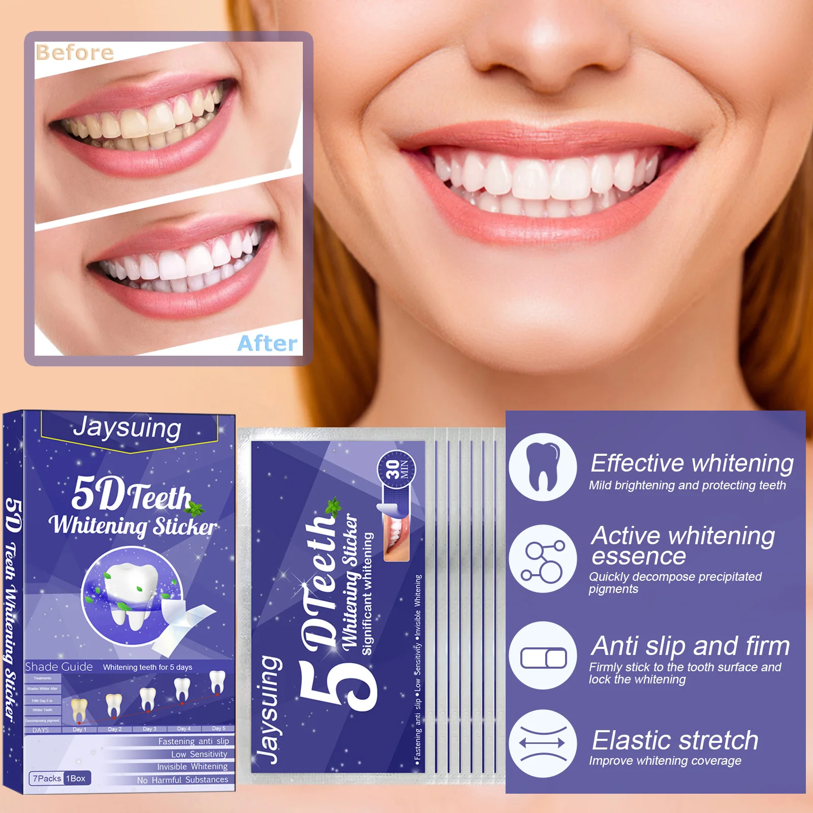 JAYSUING 5D Teeth Whitening Strips - Daily Use for Stain Removal ...