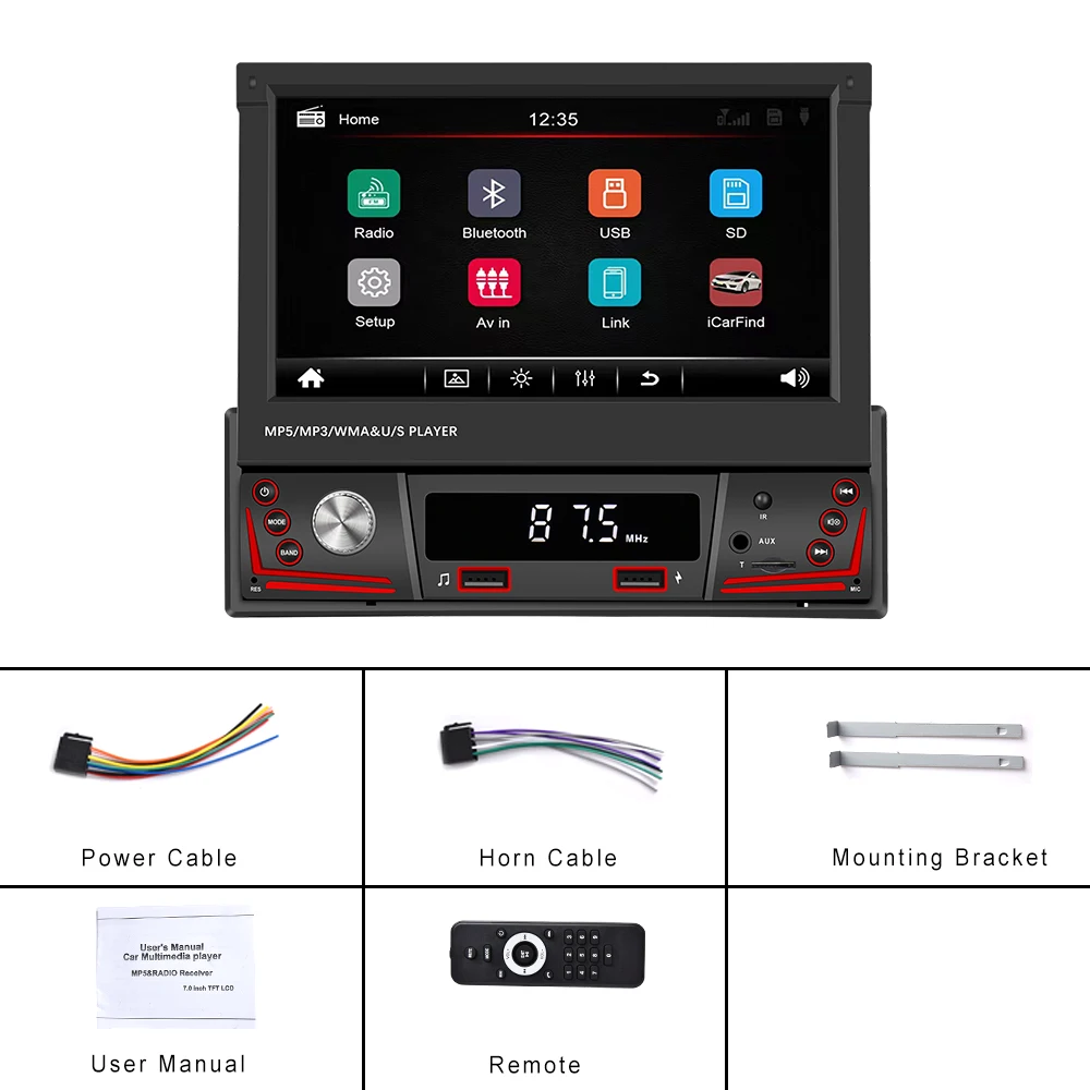 Podofo 1 Din 7" Radio Stereo Car MP5 Player with Touch Screen