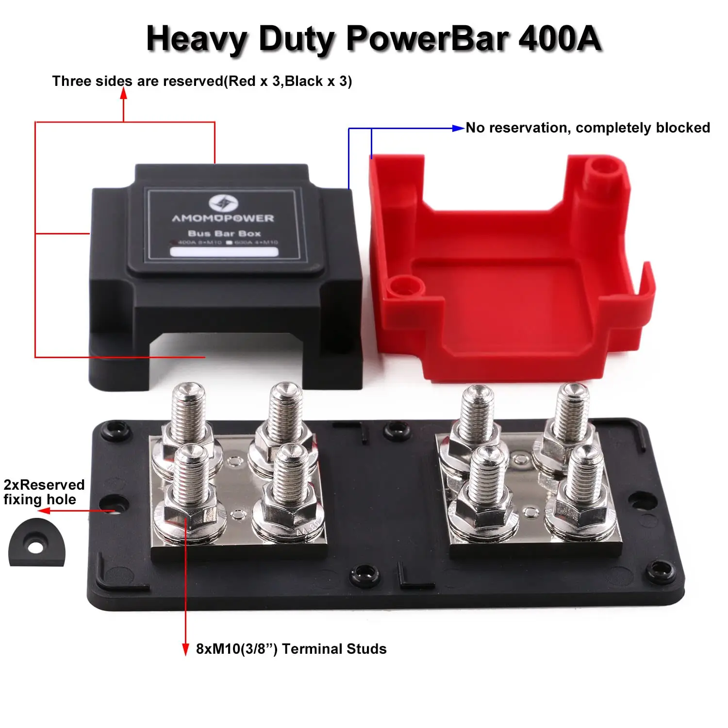Heavy Duty 400A Bus Bar Power Distribution Block Ground Busbar Box 8XM10 (3/8") Terminal Studs ...