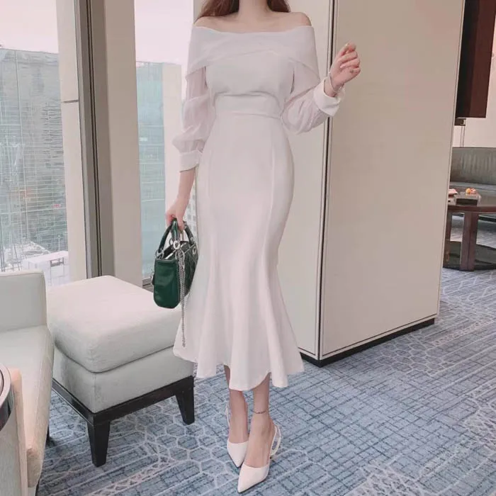 L662 New 2024 Korean Stylish Solid Color Slash Neck Long Sleeve Slim Waist Elegant Dress Women ...