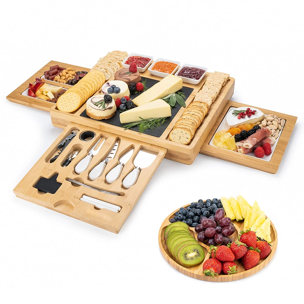 Luxury 3 Drawers Bamboo Charcuterie Boards Slate Bamboo Cheese Board ...
