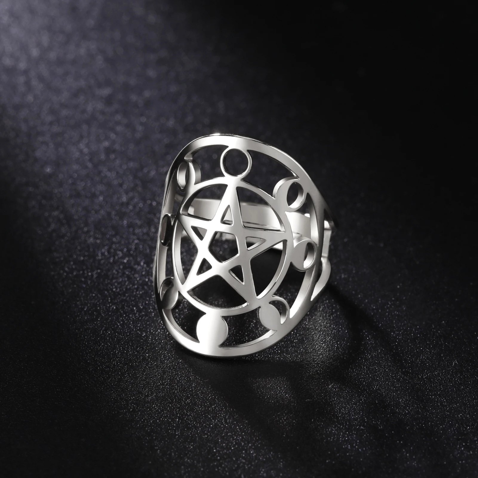 Moon Phase Pentacle Pentagram Ring Stainless Steel Adjustable Finger ...