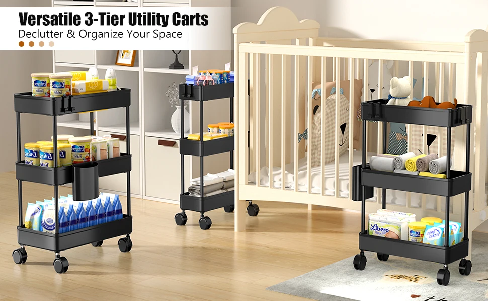 Walue 3-pack 3-tier Wheeled Mobile Trolley Parallel Folding Portable ...