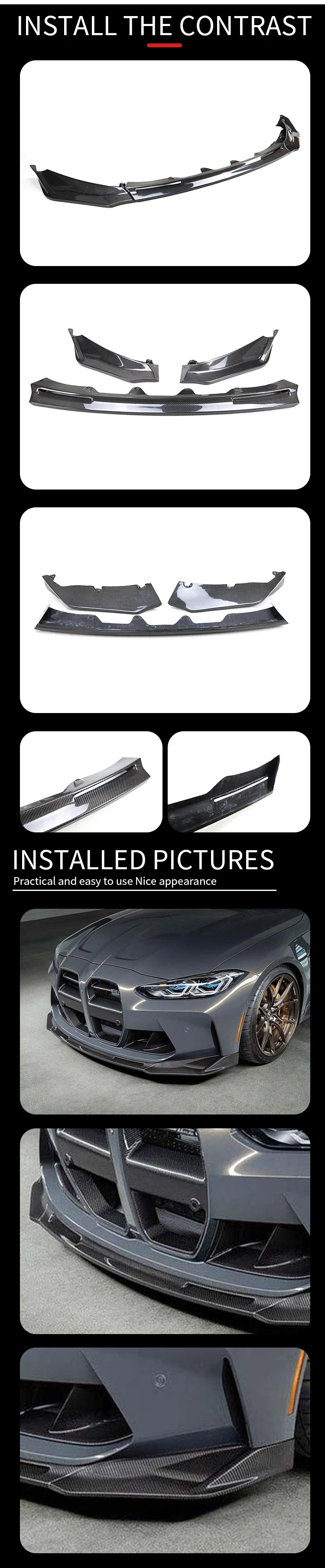 V Style Carbon Fiber Front Bumper Spoiler Lip for BMW M3 M4