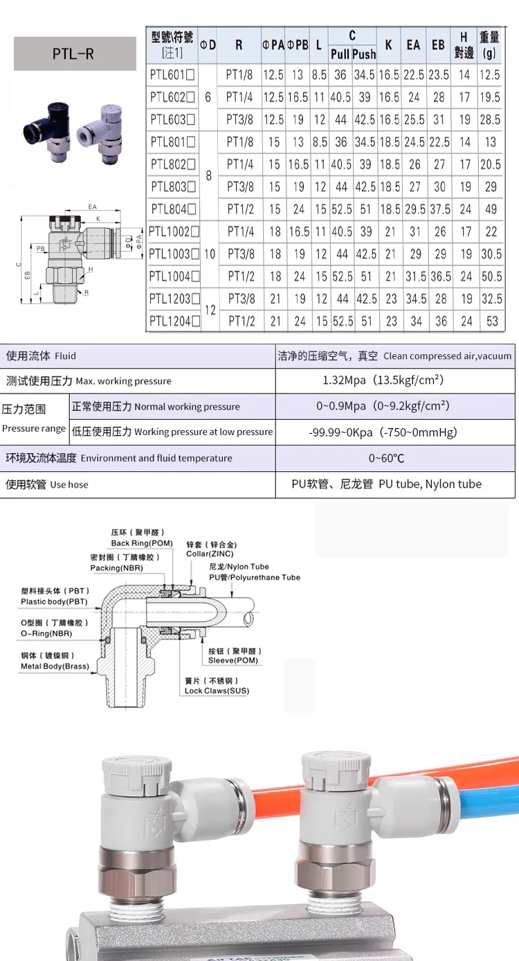 PTL Series Airtac /SMC Push Lock Speed Regulating Valve