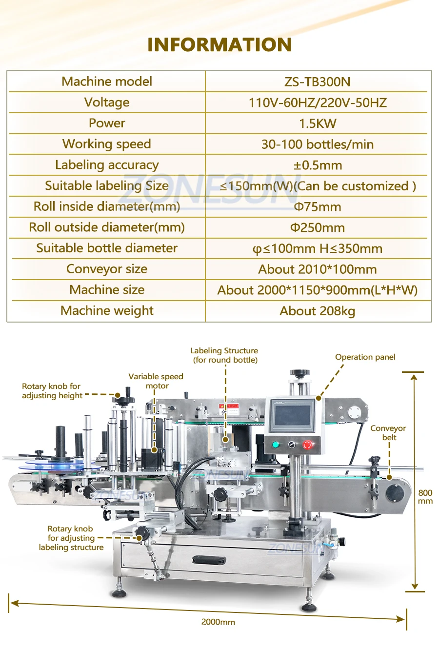 Zonesun Zs-tb300n Automatic Flat Round Bottle Double Side Self Adhesive Sticker Labeling Machine ...