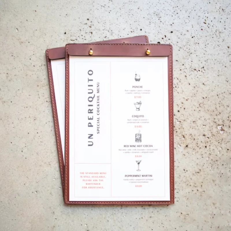 Customized PU Leather Drink Menu Holder & Cover for Menus, OEM