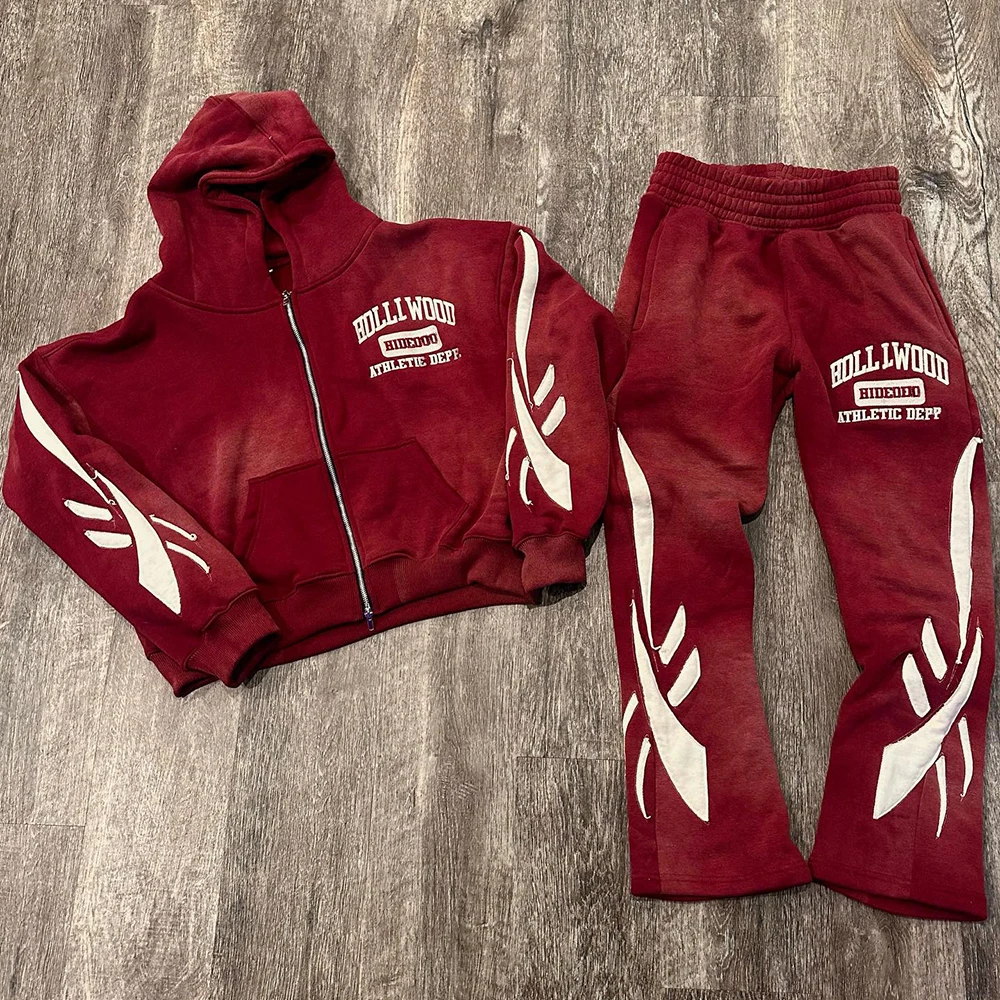 Custom Men Hoodie And Sweat Pant Set Embroidery Applique Distressed ...