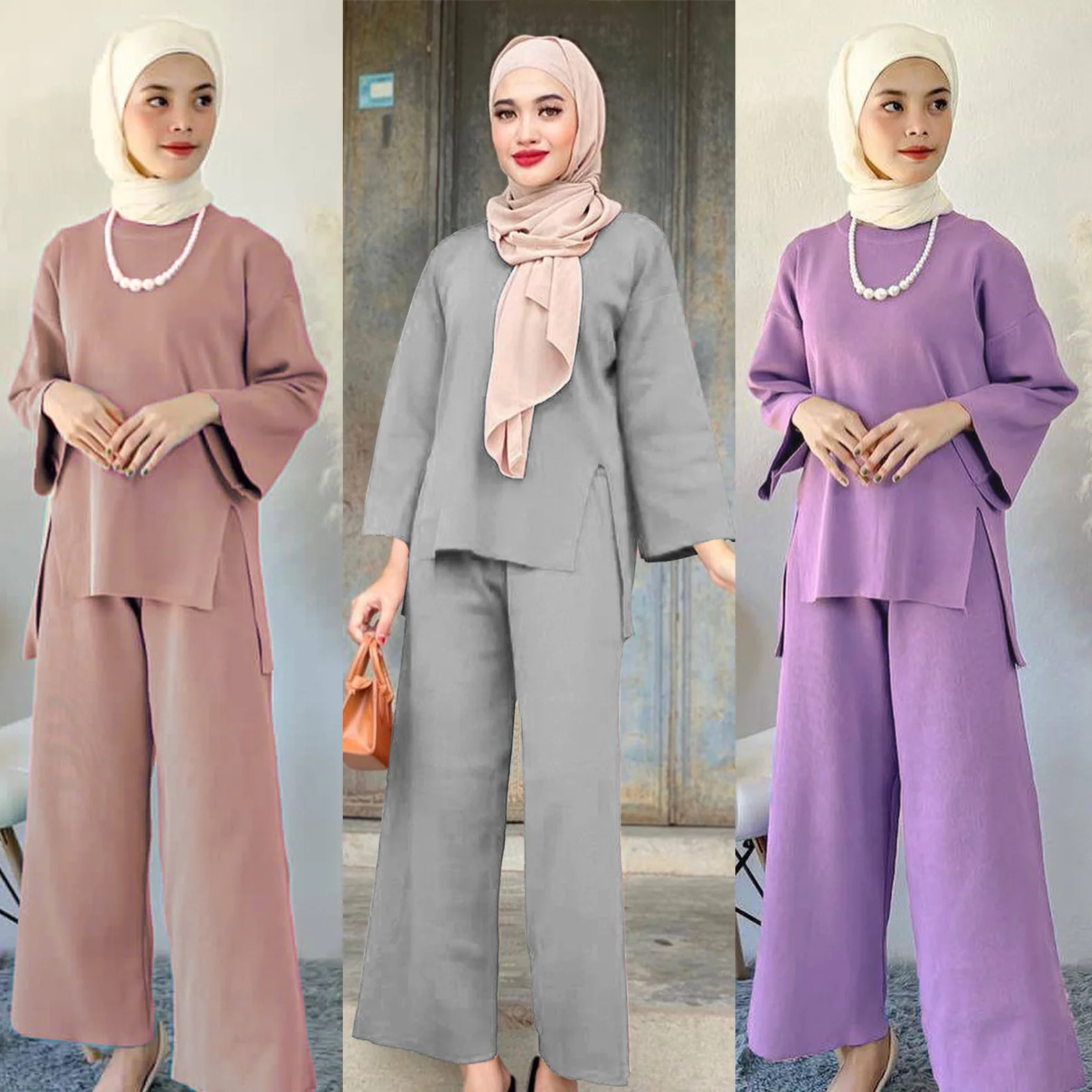 Fashion Solid Color Long Sleeve Split Pullover Outfits For Women Arab ...