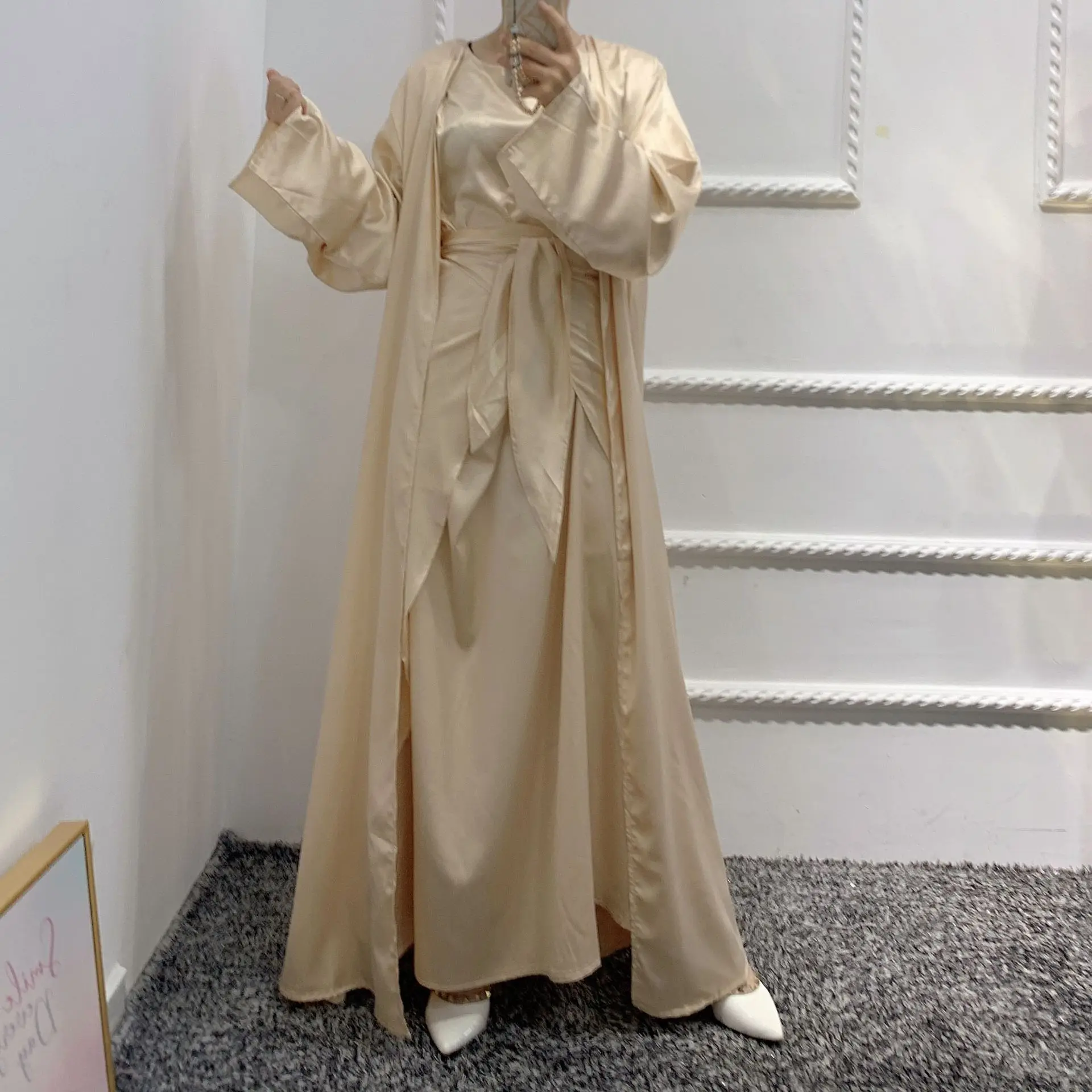 2024 Modest Wear 3 Set Satin Modesty Open Abaya With Inner Dress 3 Set Islamic Clothing Muslim ...