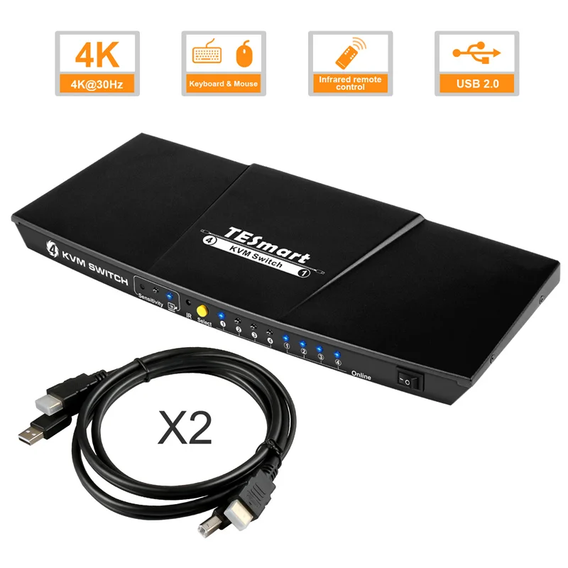 Tesmart 4 Port Kvm Switches Support 4k 30hz Usb 2.0 Devices Keyboard ...