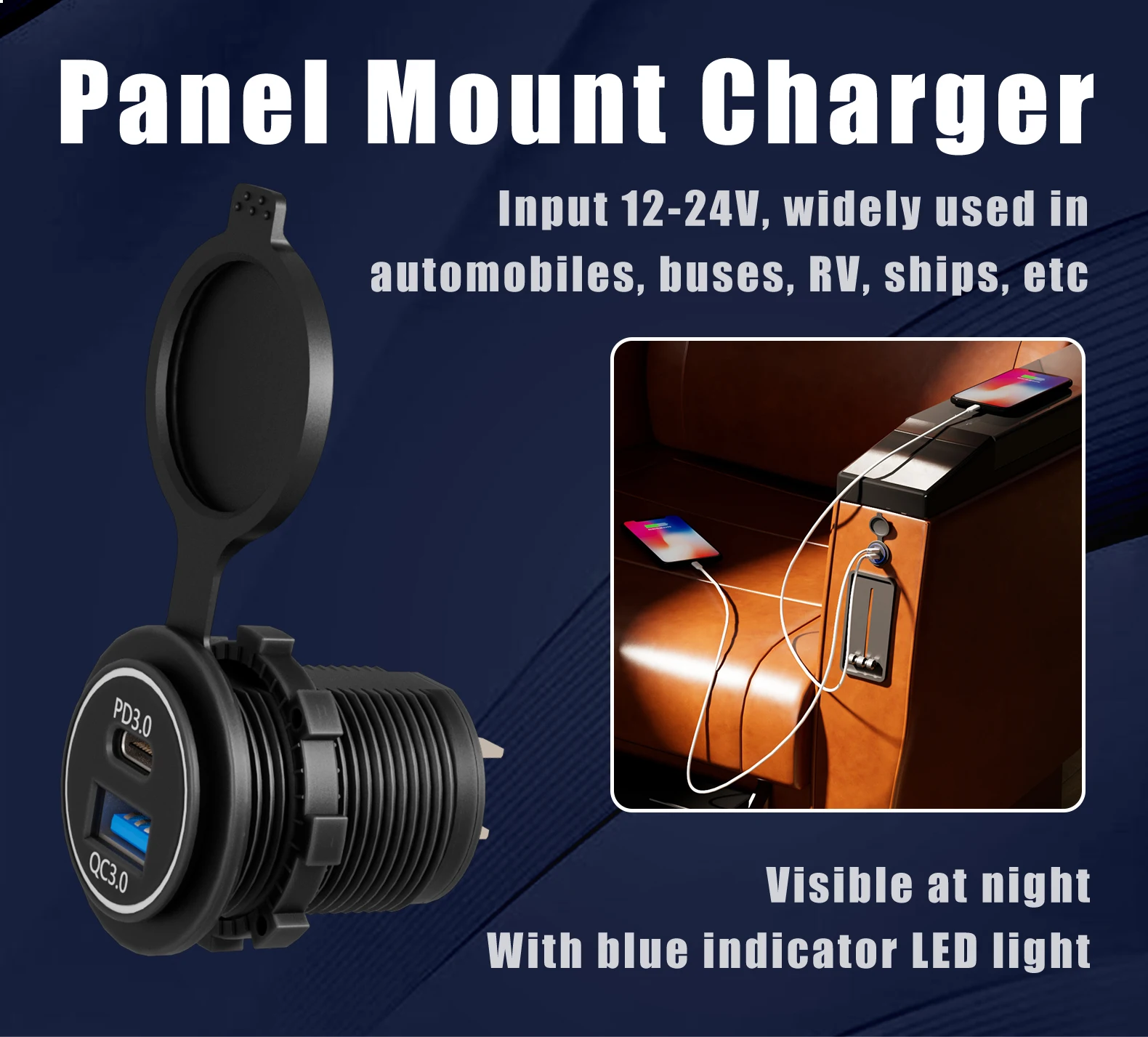 12V USB QC PD Fast Charge Panel - Dual Port Car Charger