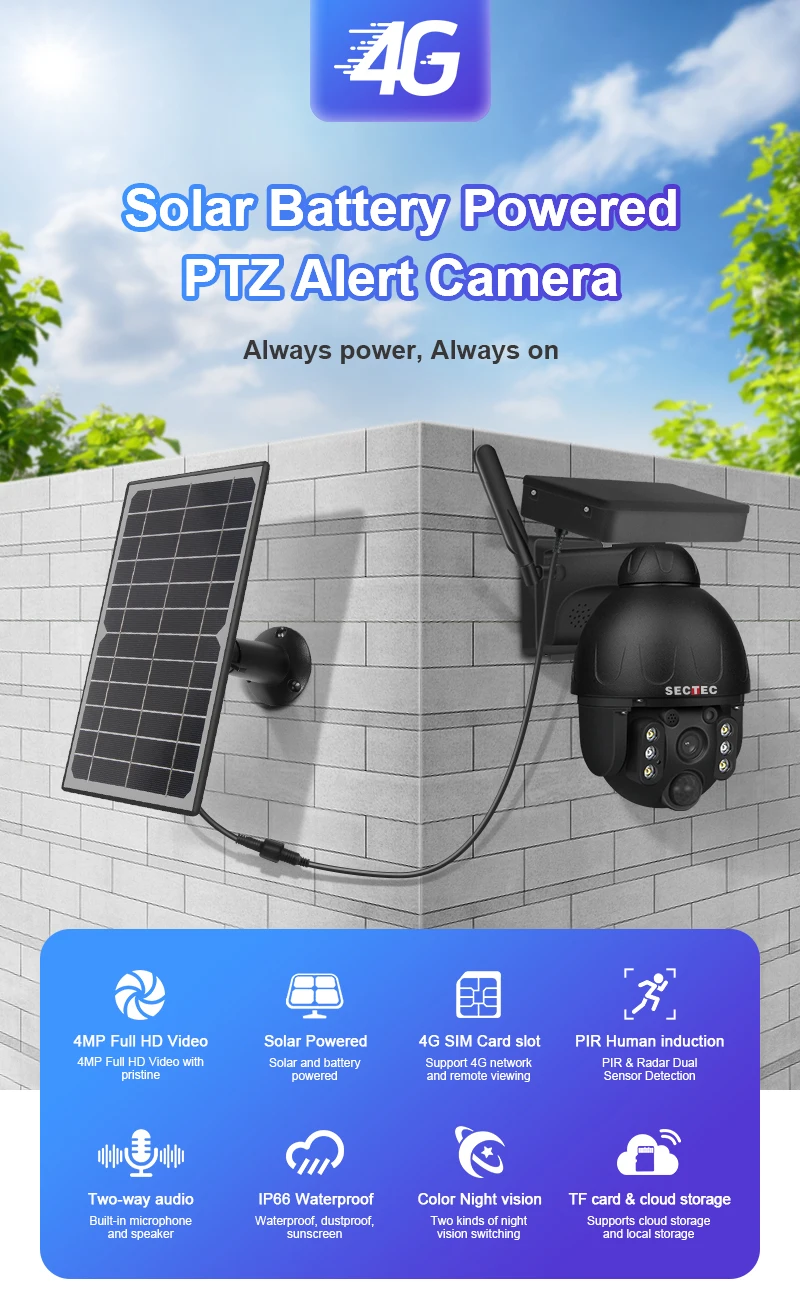 Sectec Gsm 4g Sim Card 3mp 4mp Ip Camera Wifi Solar Panel Battery ...