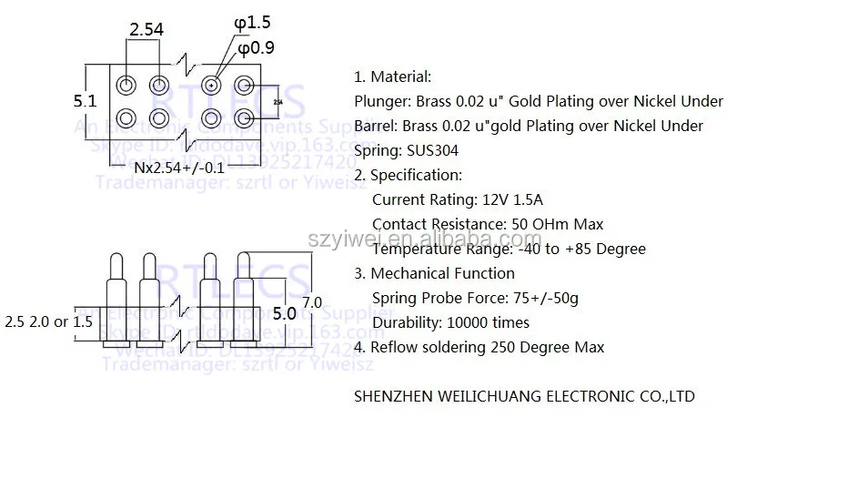 Spring Loaded Pogo Pin Connector - 7.0 Mm Height, 2.54 Mm Pitch