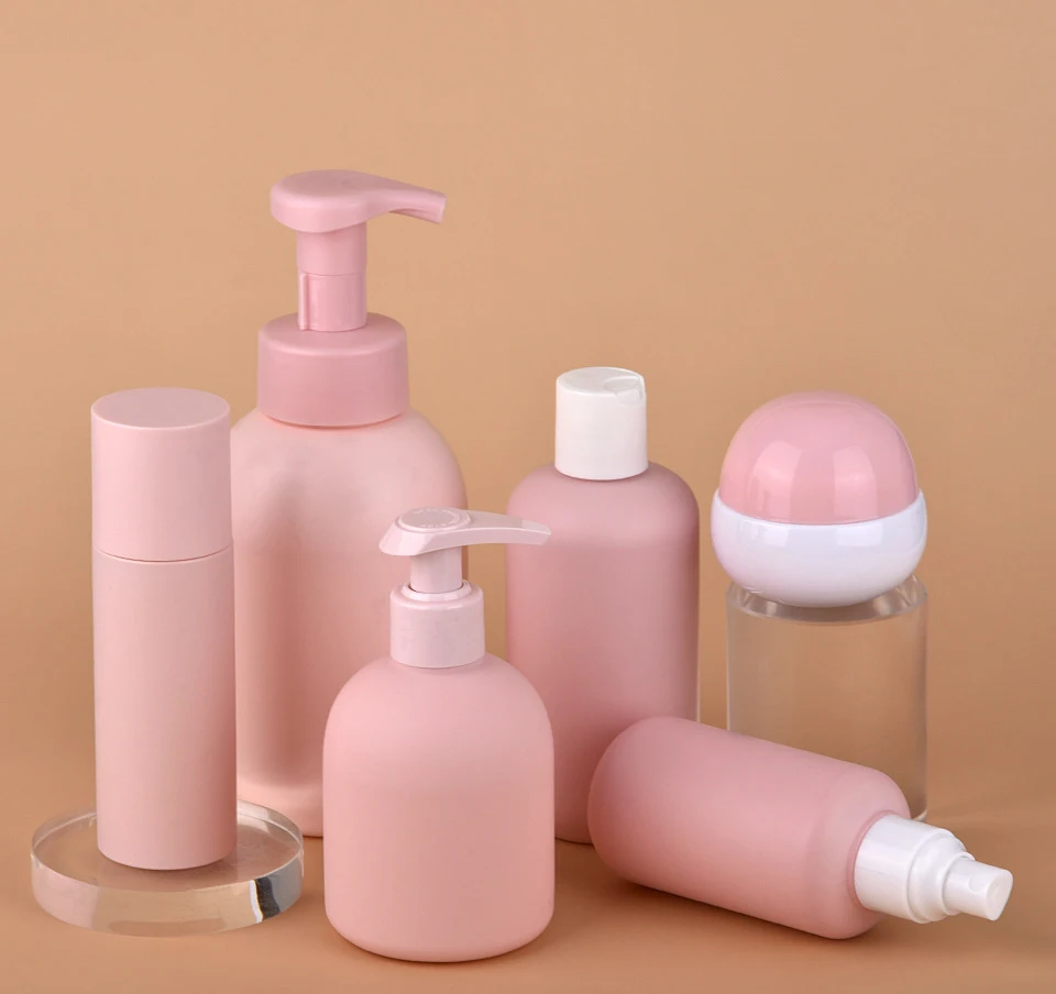 Empty Cosmetic Pink Plastic Skin Care Set Packaging Bottle