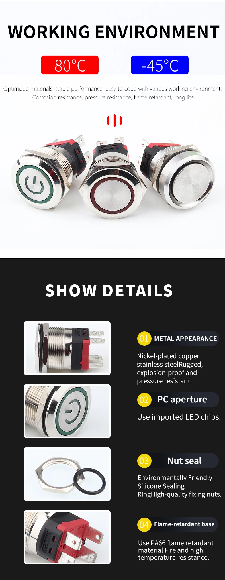 22mm Metal Push Button Switch Current 20a With Light And No Light ...