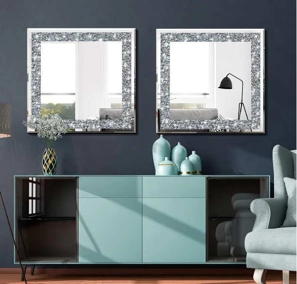 Hanging Wall Mirror 60 X 60cm Crystal Crush Diamond Square Silver ...
