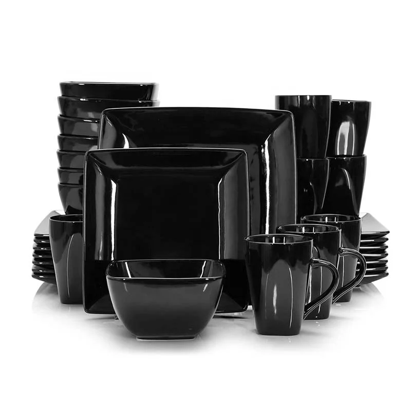 Free Sample Ceramic Dinner Set Square 16pcs Stoneware Black Tableware ...