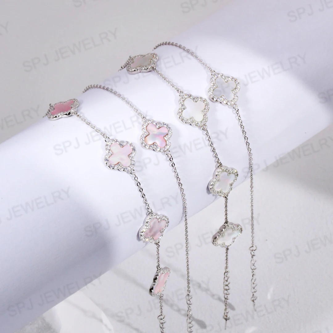 SPJ Vintage Four Leaf Clover Bracelet for Women 14K Gold Plated 925 Silver Adjustable Chain with ...