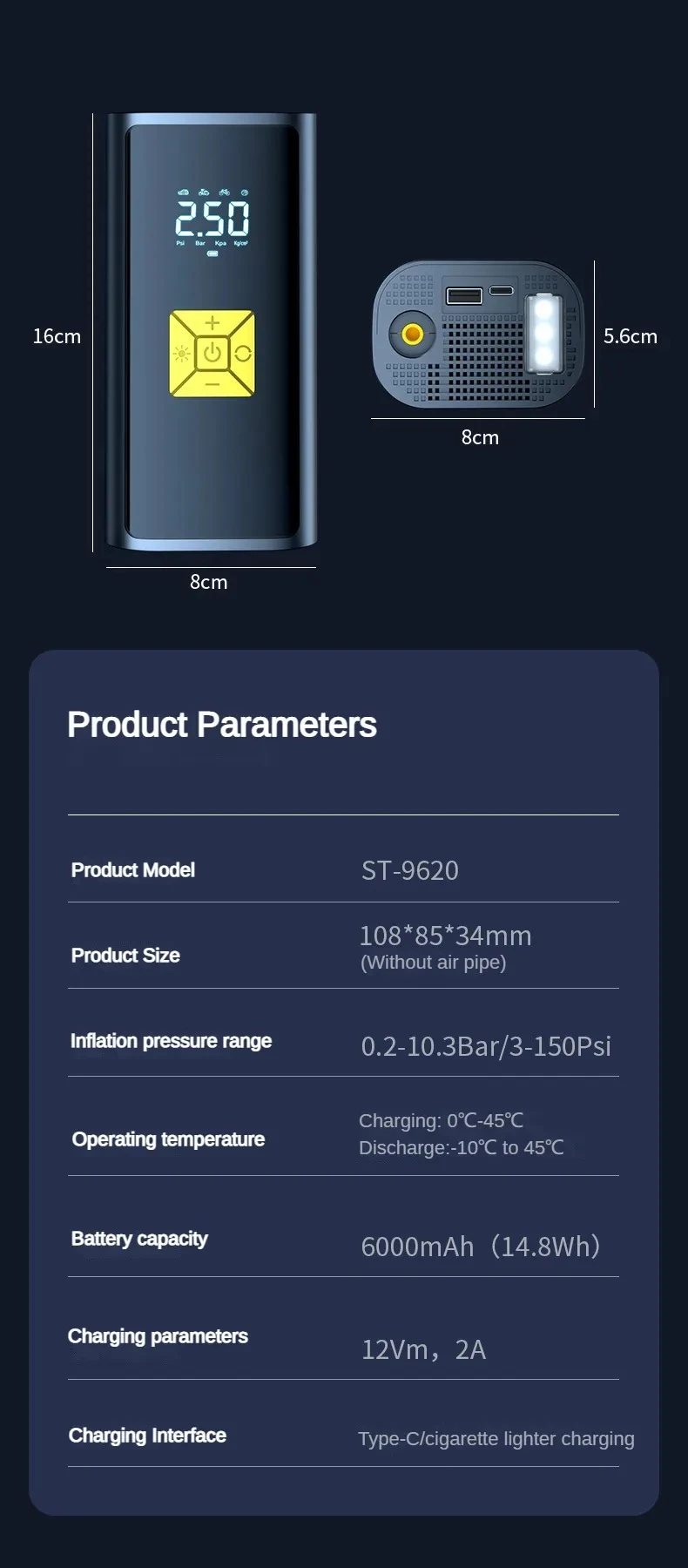 6000mah 150psi Smart Air Pump Portable Car Automatic Compressor Tire ...