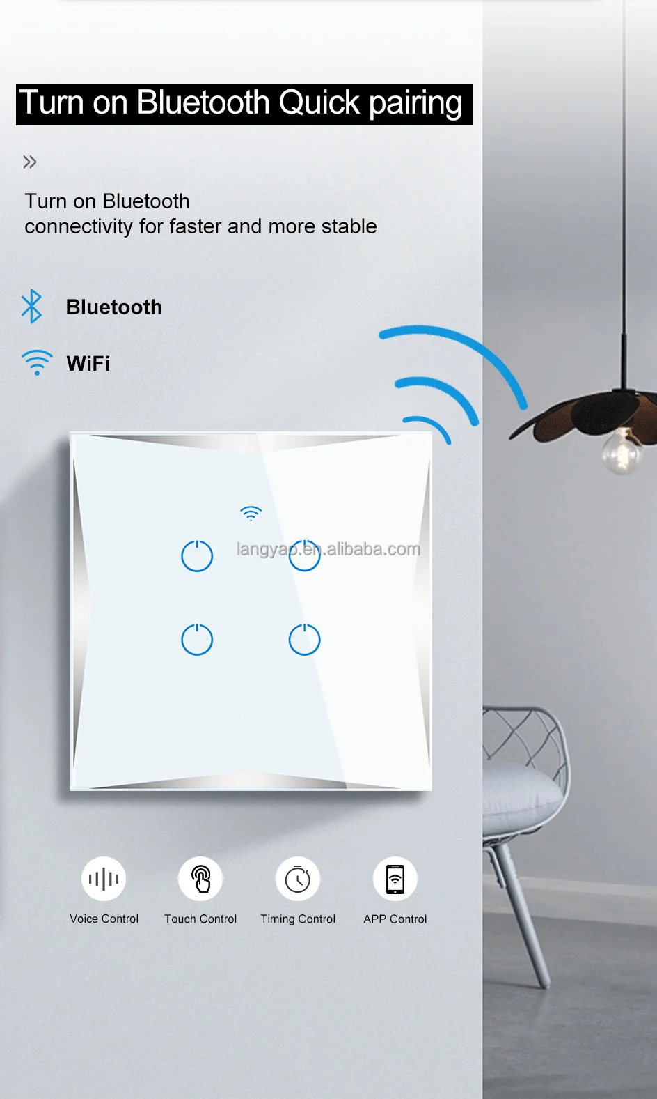 Langyeao Tempered Glass Smart Home Touch Light Switch 1/2/3/4 Gang Tuya ...