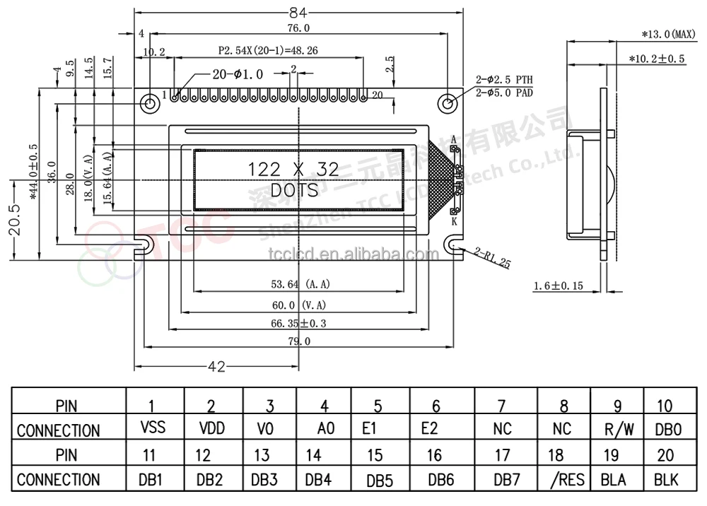 20 Pin Graphic LCD 8 Bit Parallel 122X32 Monochrome Display