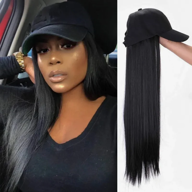 24inch Women Wig Hat With Human Hair Feeling Synthetic Hair Long ...