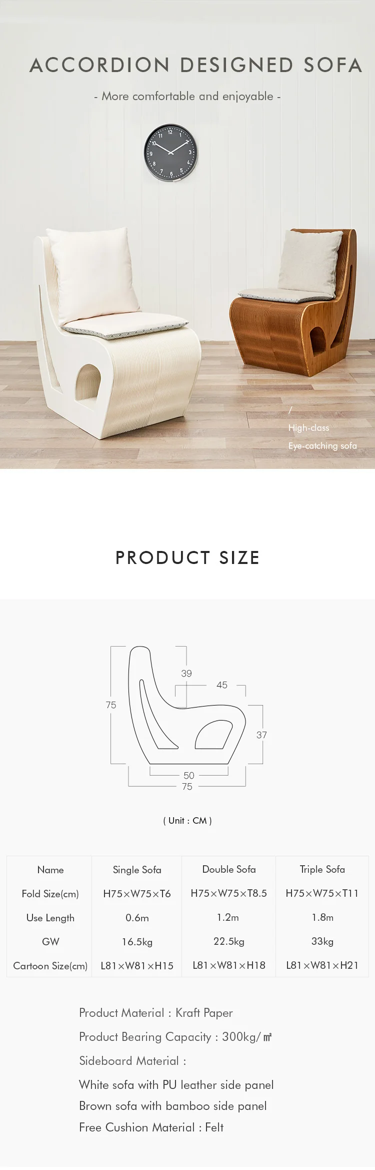 1 To 3 Seats Paper Sofa Folding Sofa Eco-friendly Craft Paper Living ...