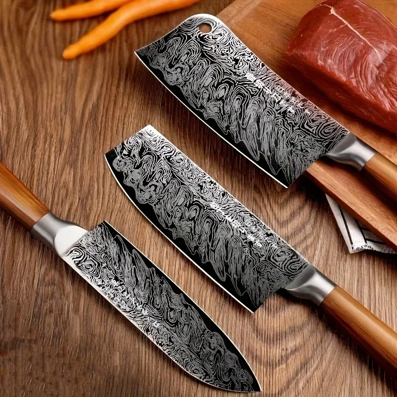 Damascus Pattern Kitchen Knives Set - Japanese Style