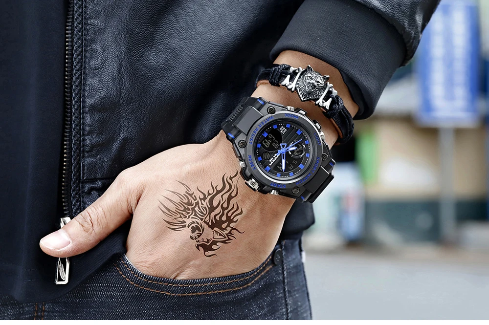 Sanda 739 Men Watches Waterproof Sport Wristwatch Dual Display Digital ...