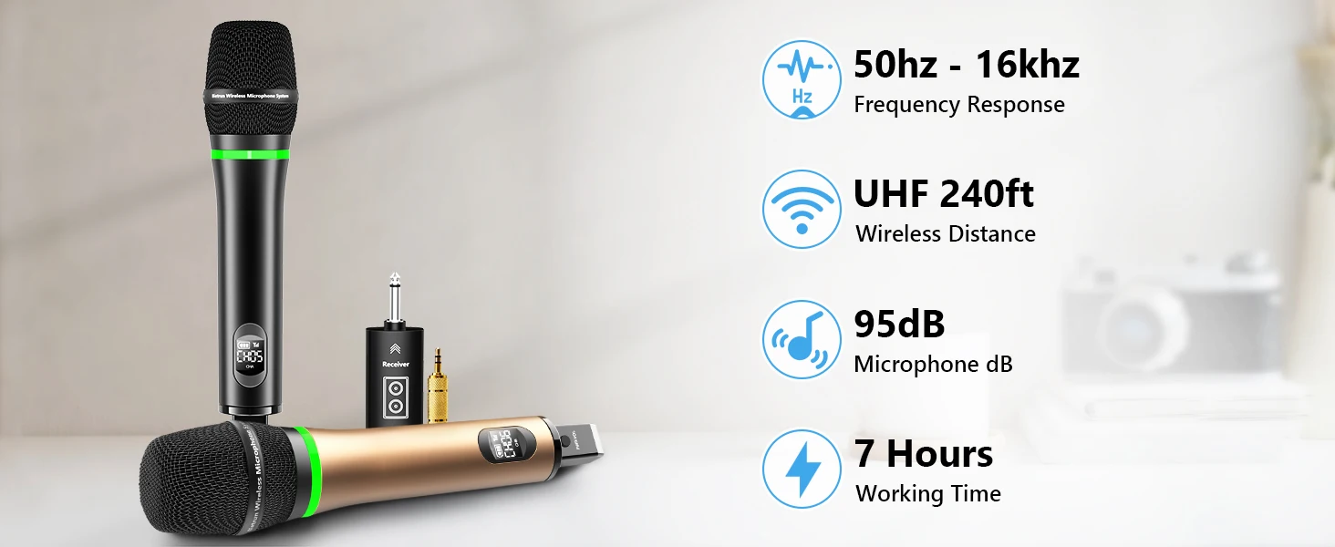 Bietrun Wireless Microphone,240ft Rechargeable Uhf Metal Dual Cordless ...