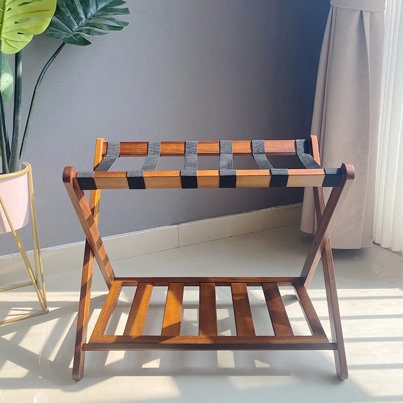 Teak Luggage Rack, Upgraded Foldable Suitcase Stand with 6 Nylon Straps ...