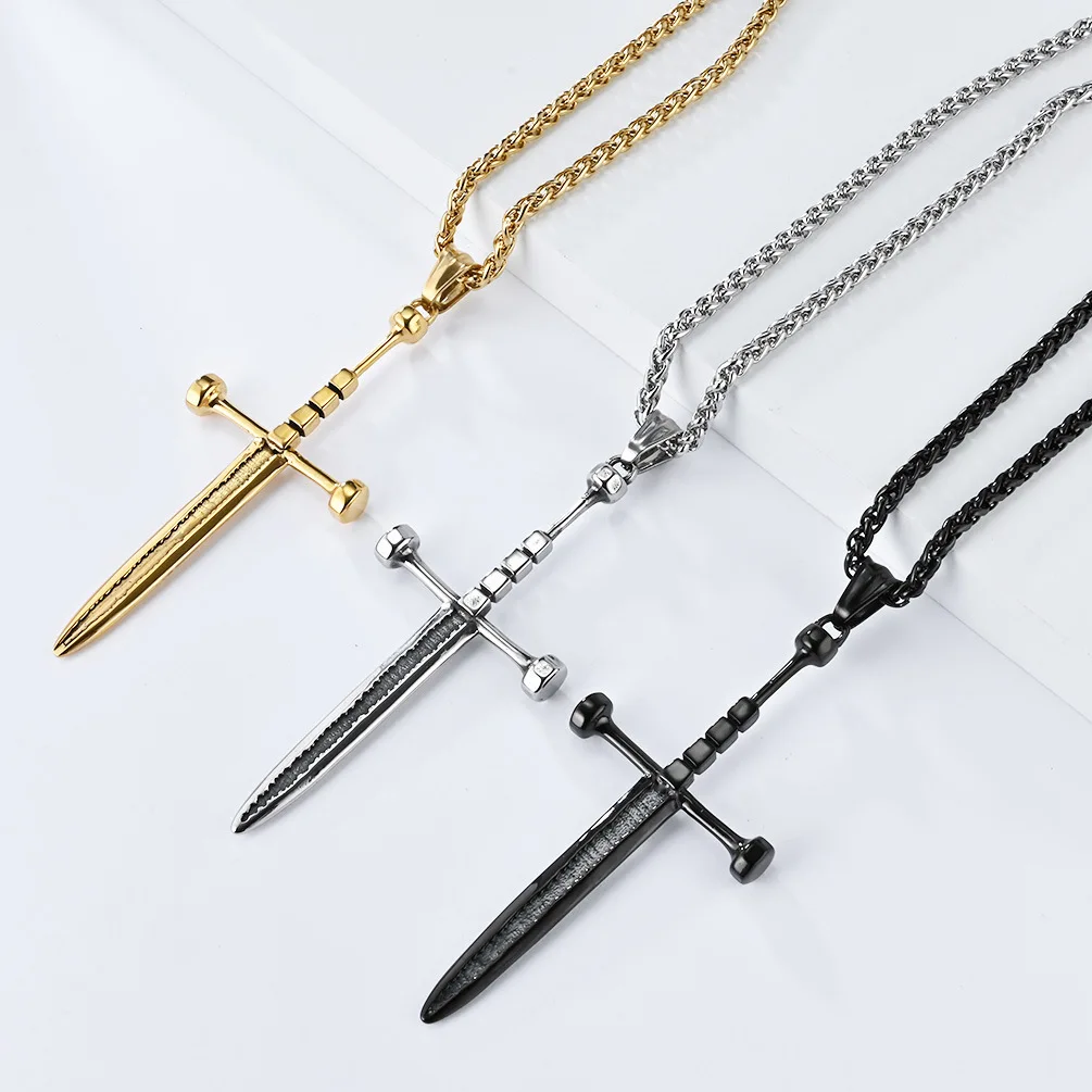 Retro Knight Ancient Sword Weapon Cross Titanium Steel Pendant Necklace ...