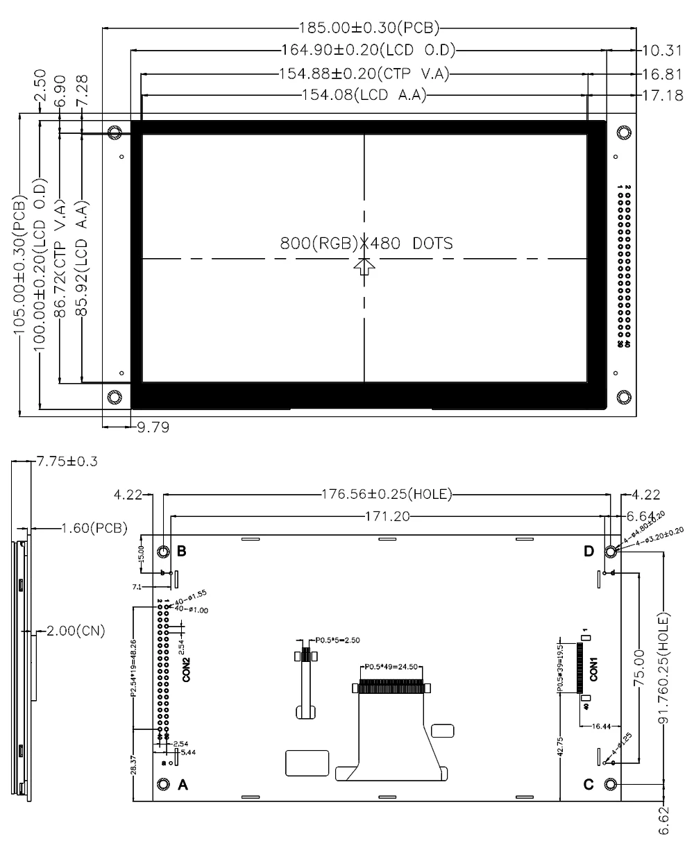 7 Inch Tft Lcd Display 800*480 Mcu Interface With Touch Screen - Buy ...
