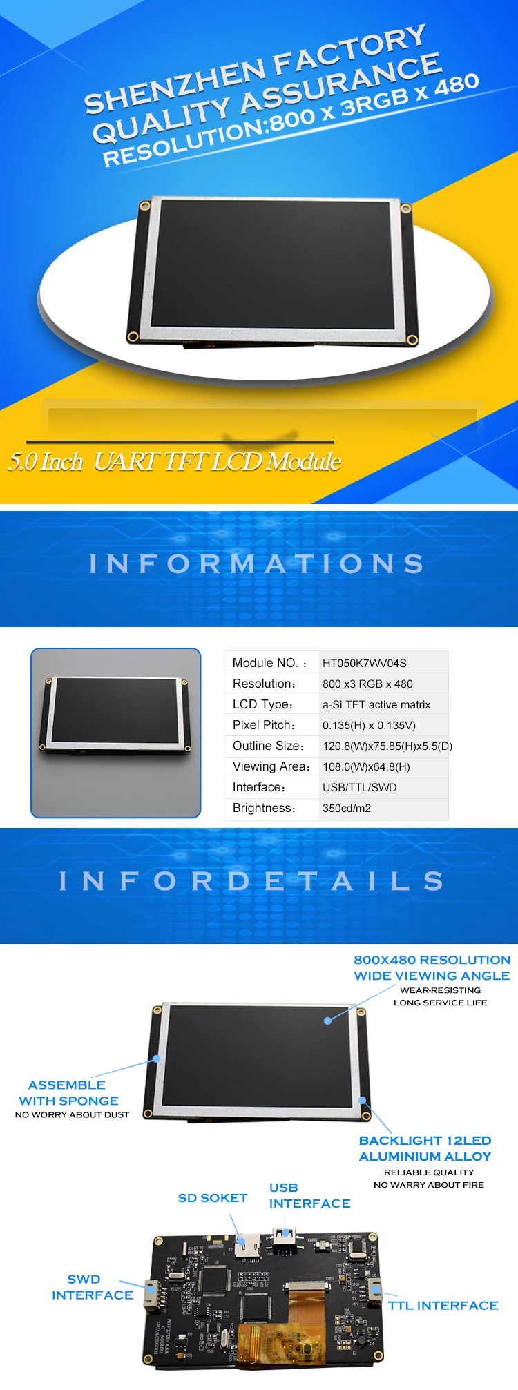 5inch tft lcd module stm32 microcontroller board 5" 800X480 tft lcd ...