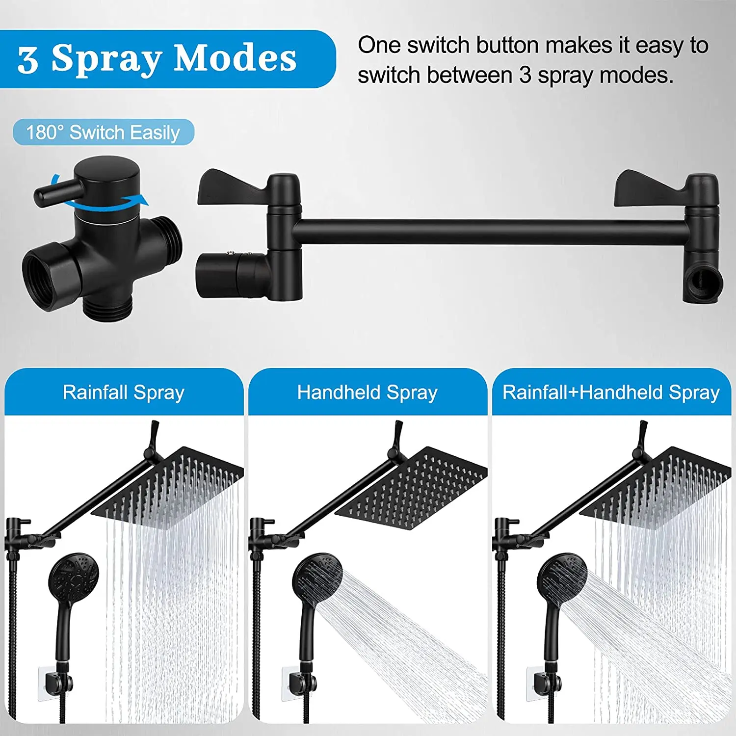 8'' Matte Black High Pressure Rainfall Shower Head With 9 Function ...