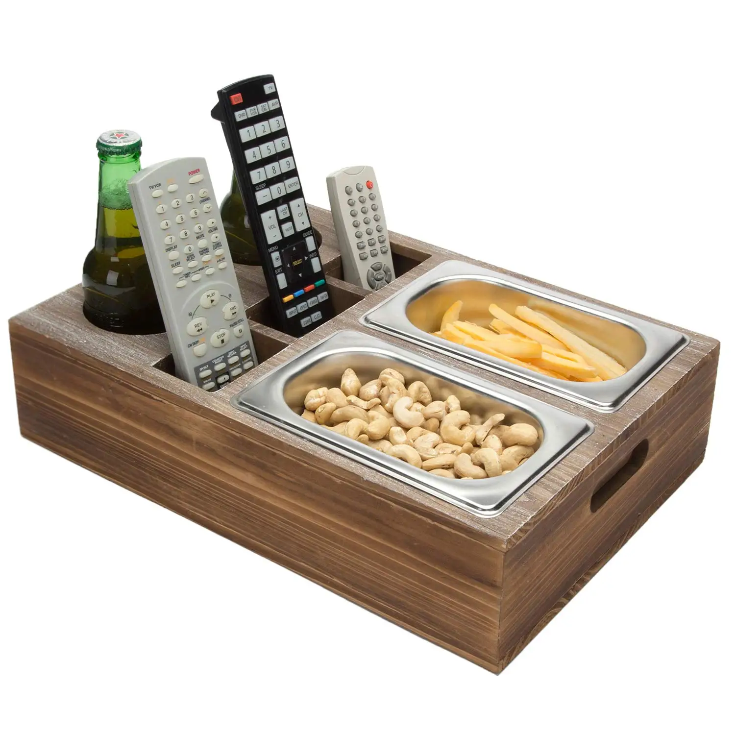 Wood Sofa Couch Snacks Caddy Serving Crate Tray With 2 Cup Holders And ...