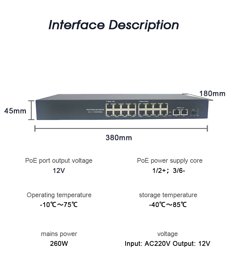 16 POE power supply ports +2 100M/1000M adaptive uplink switching ports ...