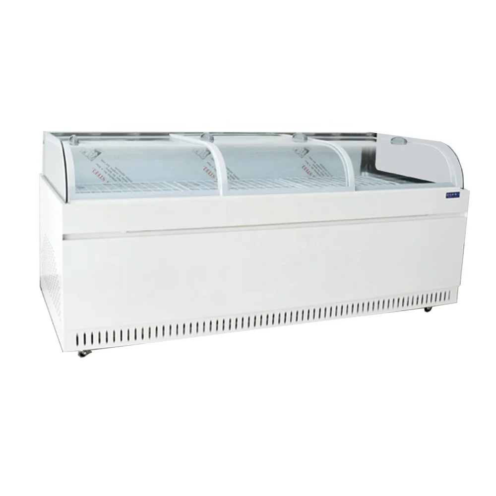 Supermarket curved glass butchery display fridges island freezer frozen ...