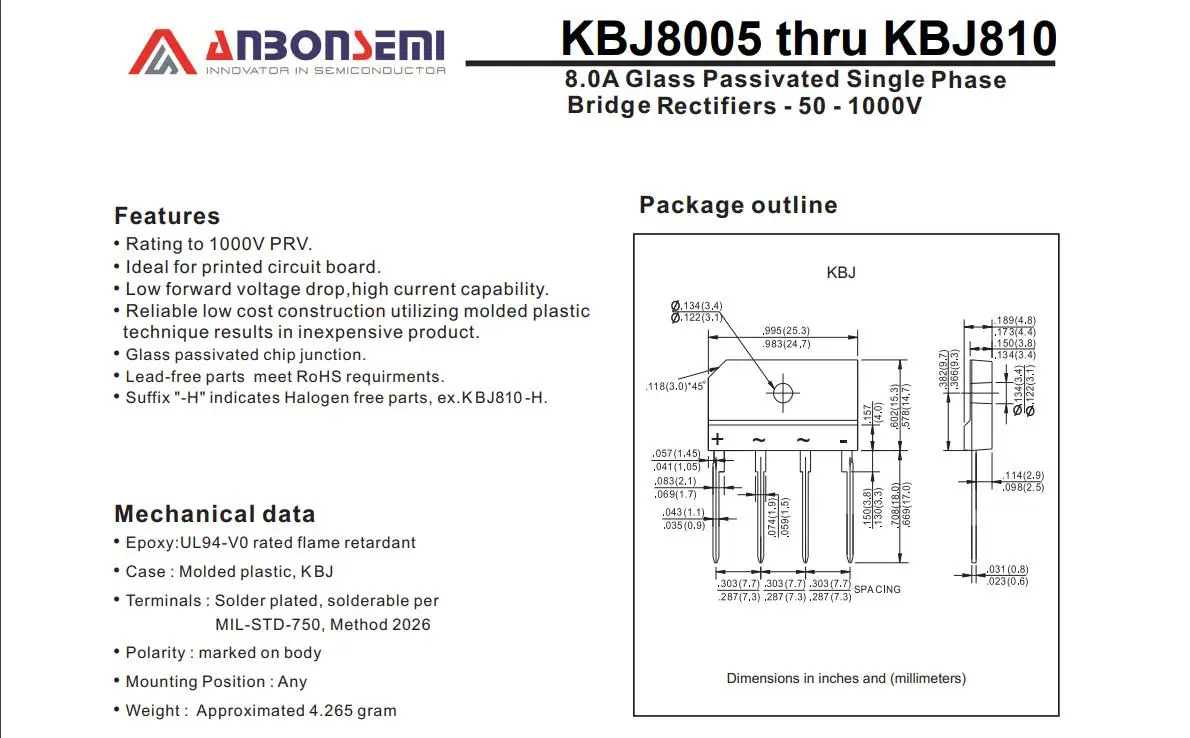 Anbon Kbj802 8a 200v Kbj Package Bridge Rectifier Diode New - Buy ...