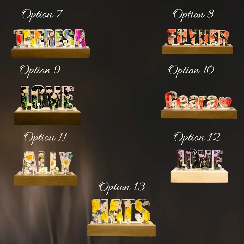 Dried Floral Resin Letters with Wood LED Decorative Lights