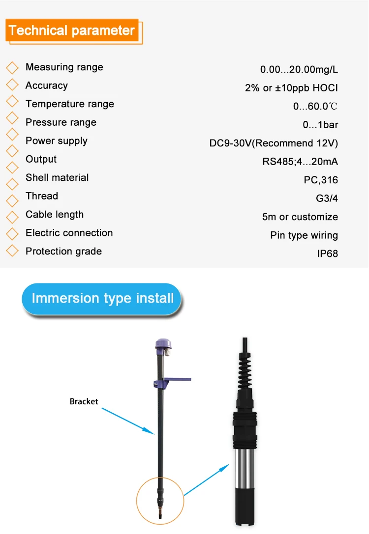 Chlorine Free Sensor Swimming Pool Residual Chlorine Probe Analog Free ...