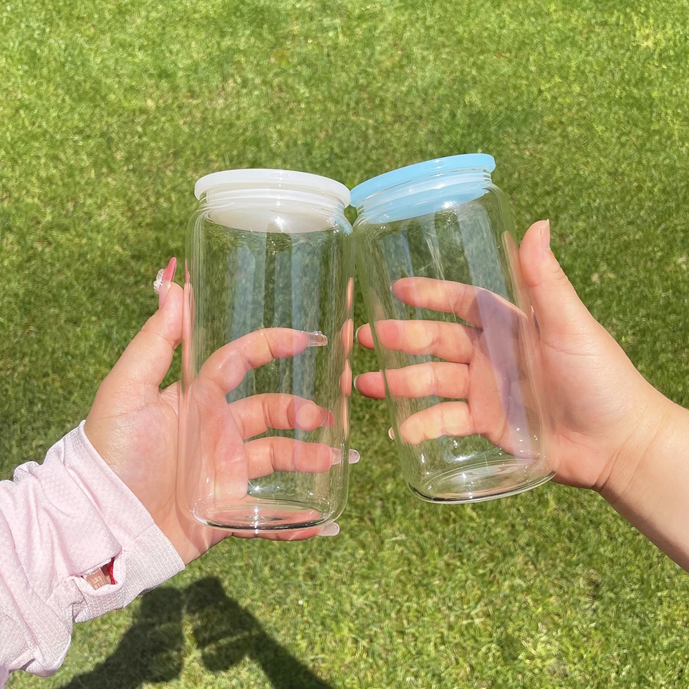 Colored Plastic Lid Sublimation Beer Can Glass 16oz Beer Soda Pop Can ...