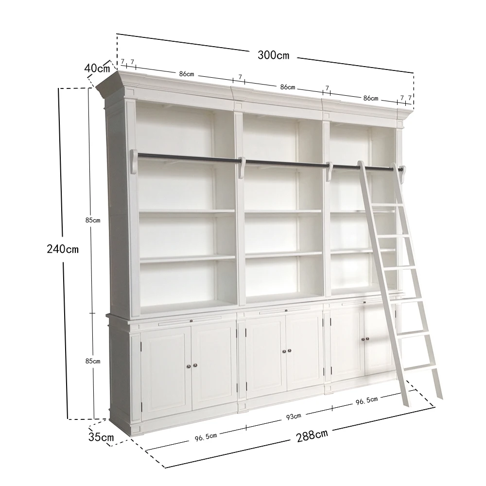 Home Furniture - Elegant 3 Bay Library Bookcase with Ladder