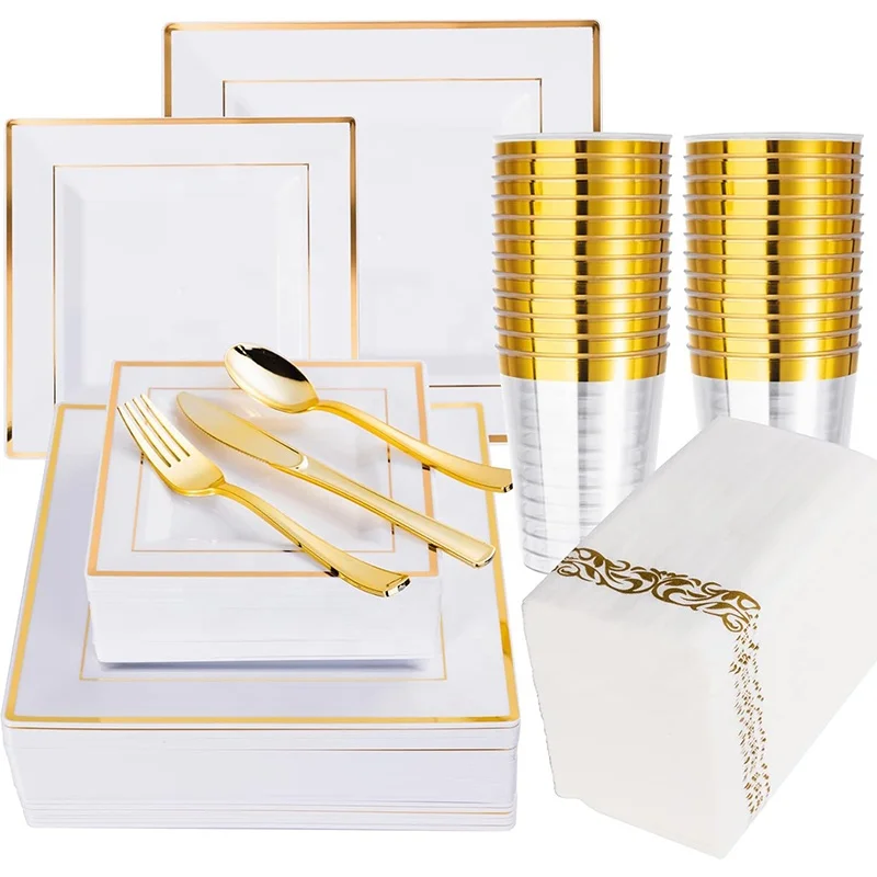 350 Gold Disposable Dinnerware Set for 50 Guests Party