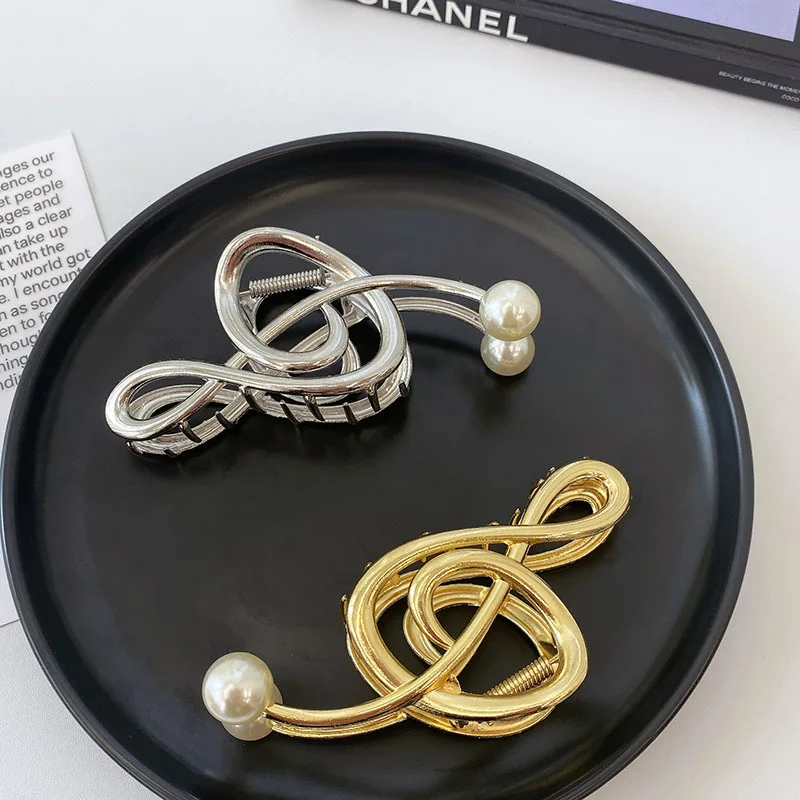 Korean Pearl Musical Note Hair Claw Clips Women Simple Alloy Hair Shark ...